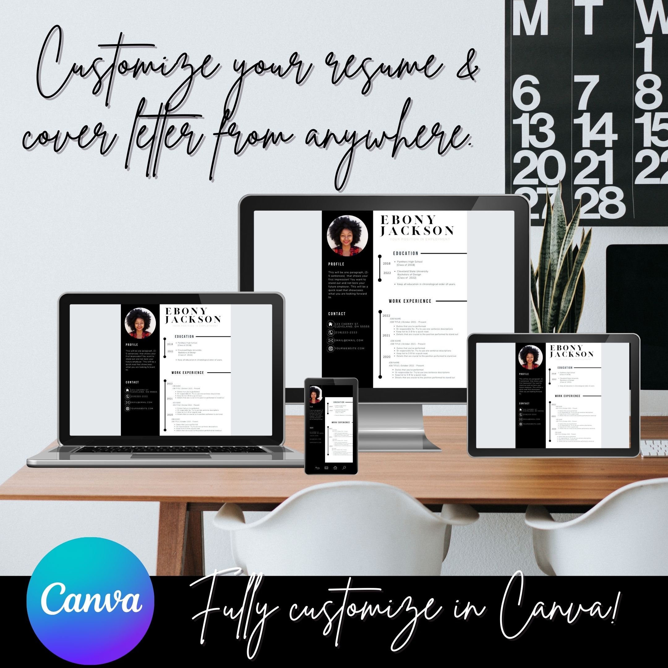 3 Page Resume Template and Cover Letter Template for Canva | Modern ...