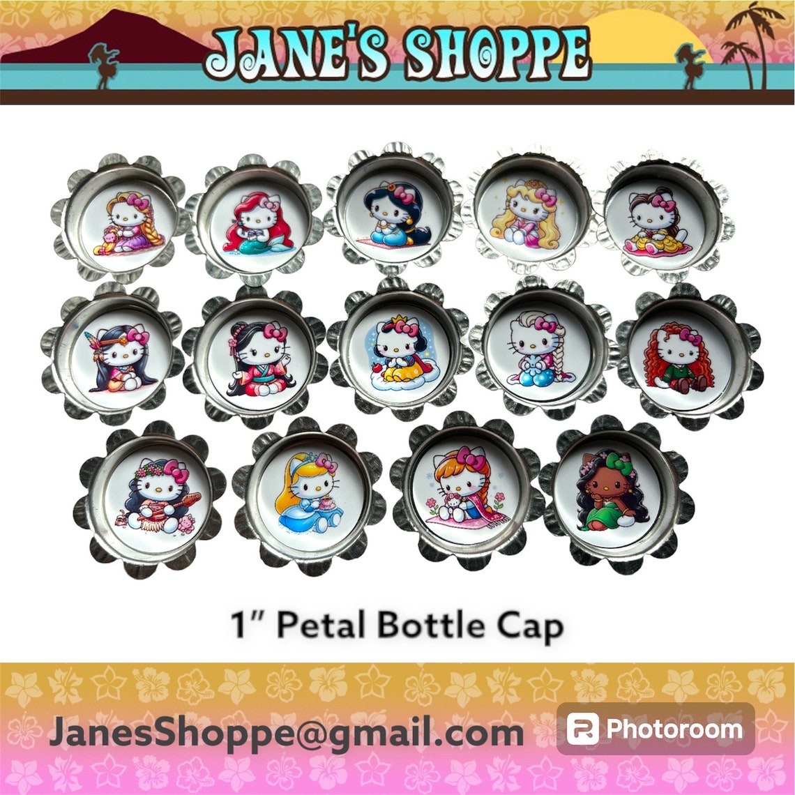 Kawaii Cute Hello Princess Kitty Petal Bottle Cap Charms / Necklaces ...