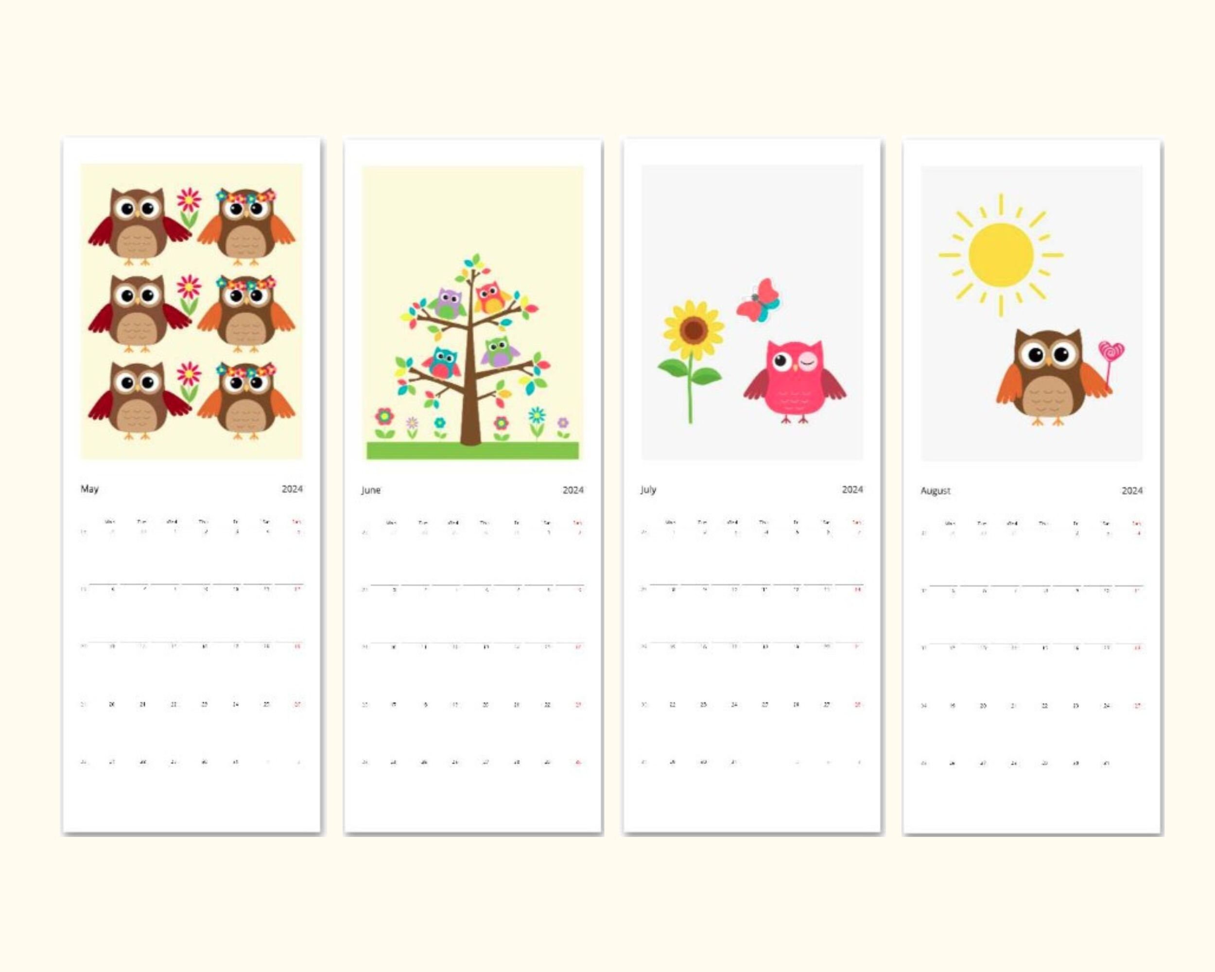 2024 Owl Calendar Owl Themed Wall Calendar Slim Wall Calendar - Etsy