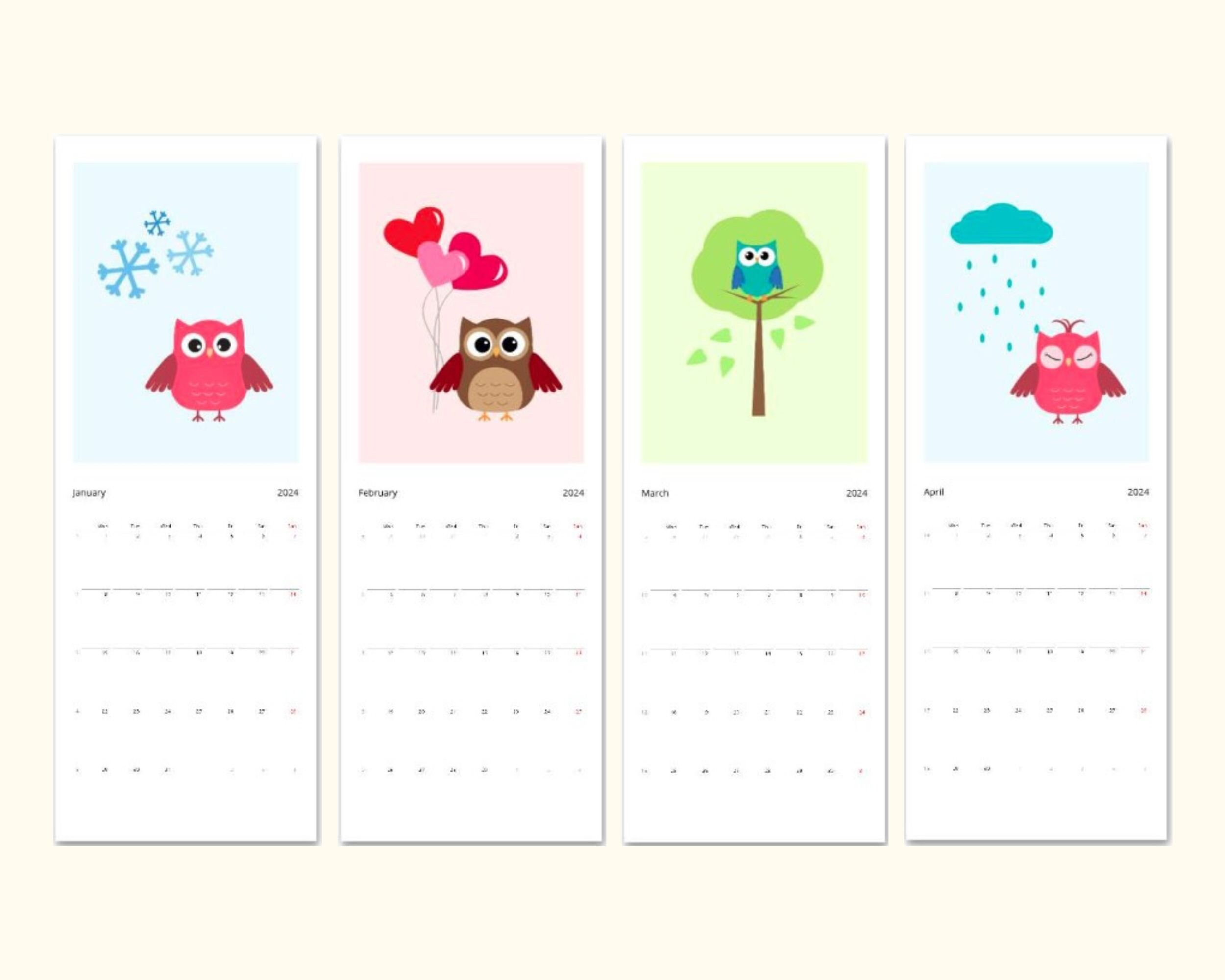 2024 Owl Calendar Owl Themed Wall Calendar Slim Wall Calendar - Etsy
