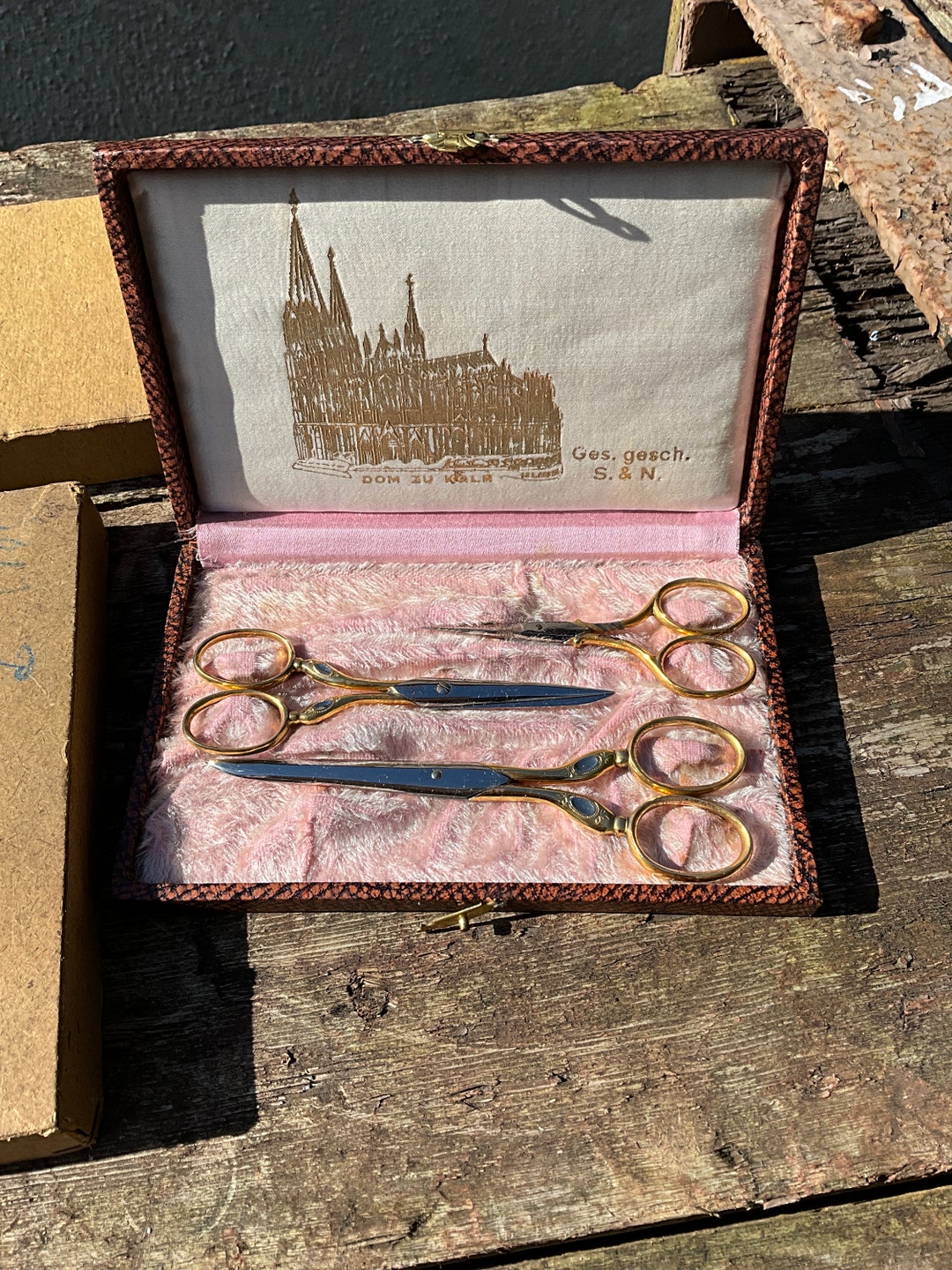 Antique Solingen German Bladed Set of 3 Scissors in Original Case and ...