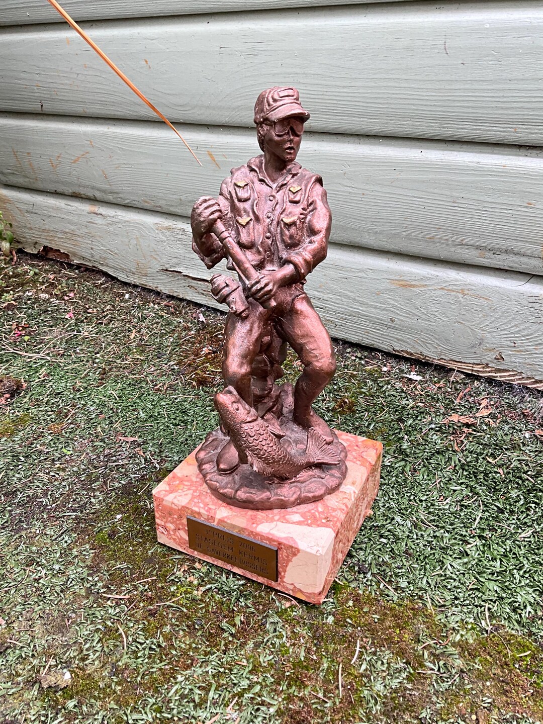 Fisherman Trophy Statue Heavy Resin, Bronze Colored 12 Inch Tall Marble ...
