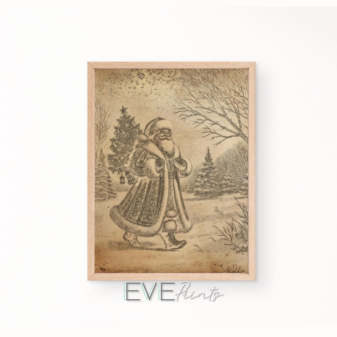 Santa Pencil Drawing Wall Art Printable, Vintage Santa in the Forest ...