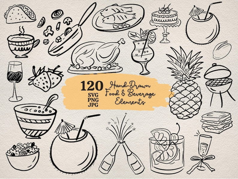 Food & Drink Doodle Icons SVG: Hand Drawn Food Beverage Doodle Clip Art ...