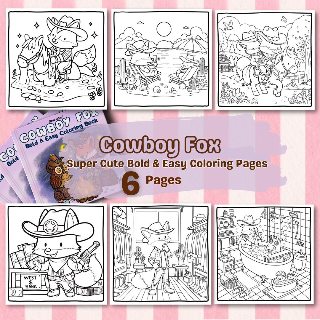 Cowboy Fox Bold and Easy Coloring Book Pages by Dodo Inky, 6 Bold ...