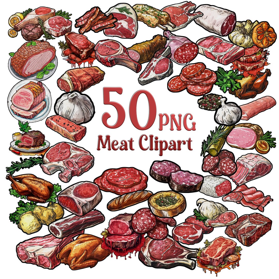 Meat Clipart Bundle PNG Oil Paint Texture Grill BBQ Clipart Set Food ...