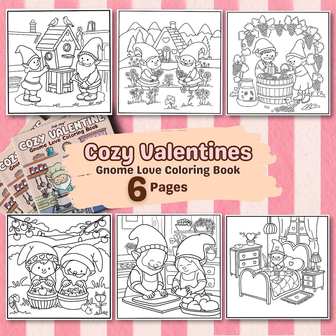 Valentine Gnome Coloring Pages: 6 Hand-drawn Cozy Designs (PDF Digital ...