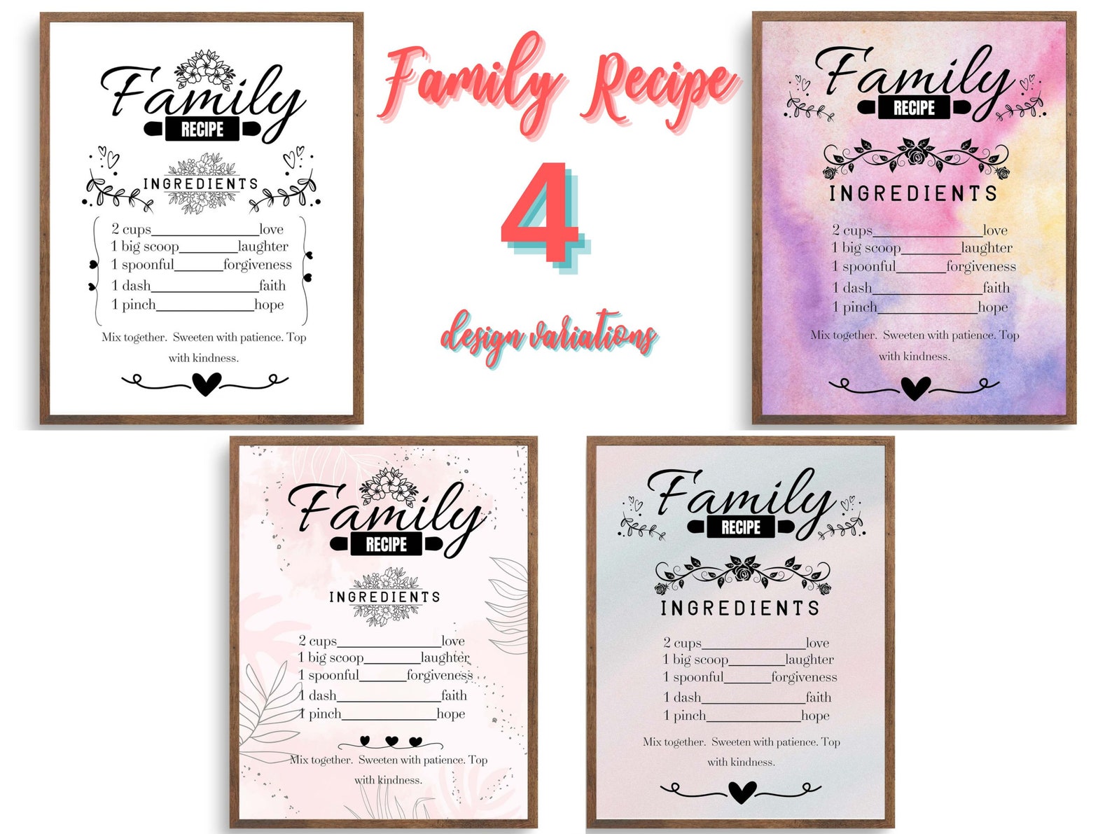 Family Recipe Wall Art Design Set of 4 SVG JPG Family Gift - Etsy