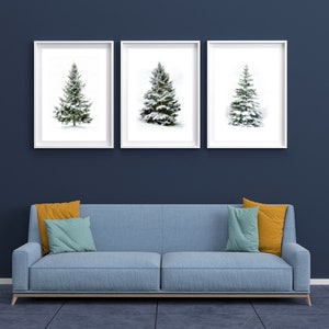 Christmas Pine Tree Prints Set of 4, Christmas Printable Snowy Tree Art ...