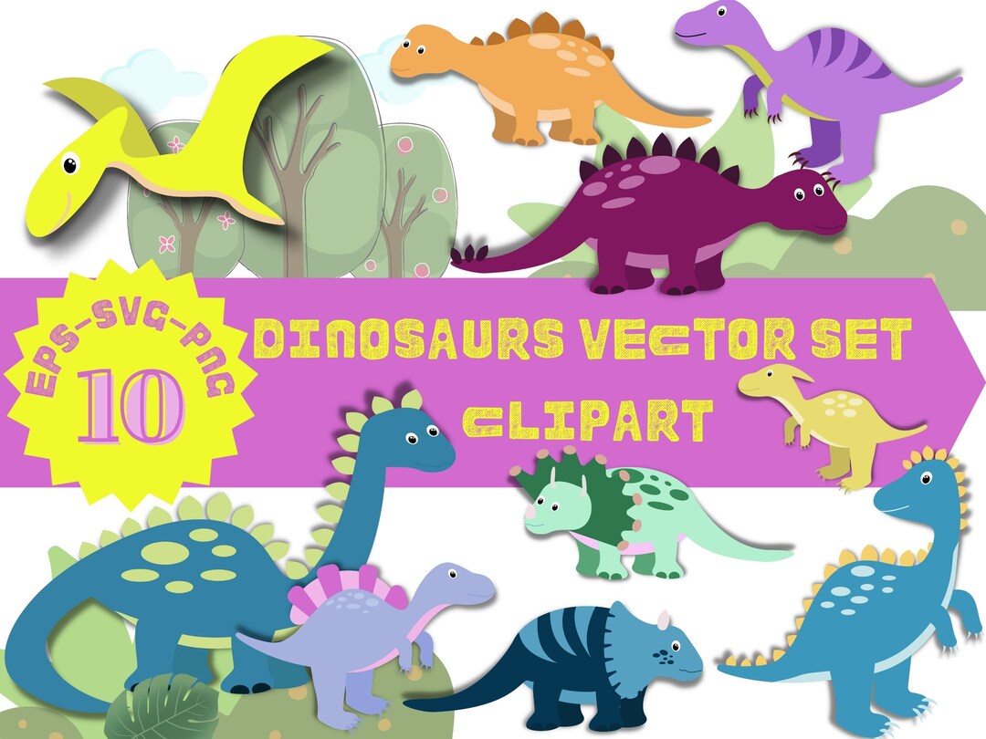 Dinosaur Svg Vector Set of 10, Dinosaur Clipart, PNG, EPS & Free SVG ...