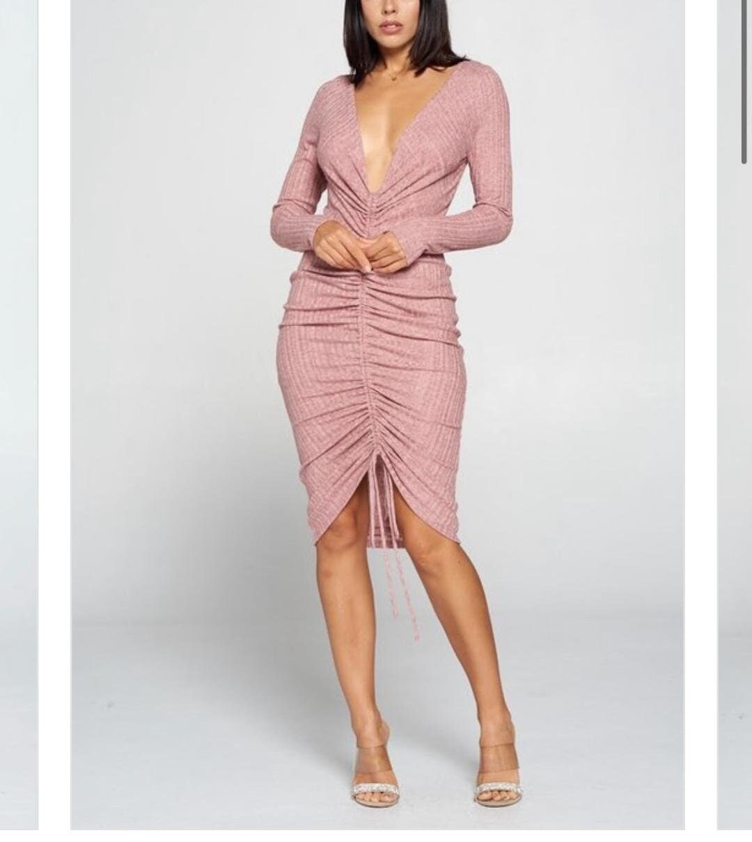 Ruched Dress Dusty Pink, Deep V-cut Midi Dress, Sexy Pink Dress, Sexy ...
