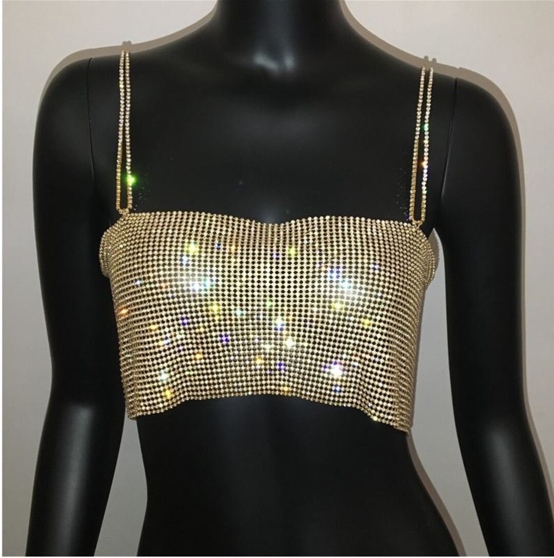Gold Rhinestone Summer Party Draped Rave Crop Top V-neck Night Club ...