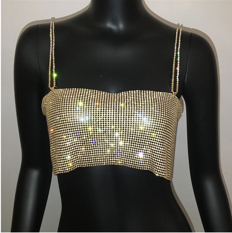Gold Rhinestone Summer Party Draped Rave Crop Top V-neck Night Club ...