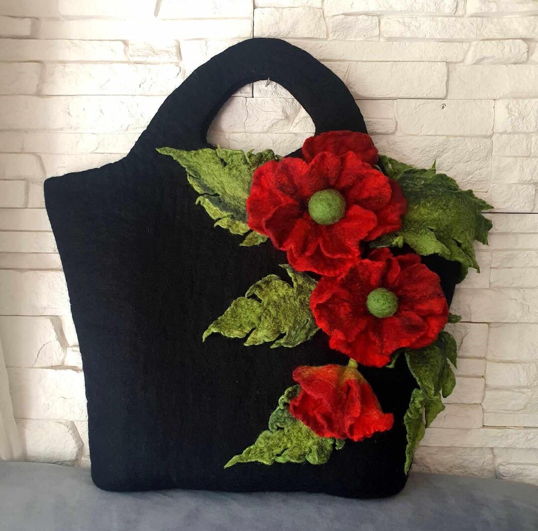 Felted Black Bag With Poppies / Felted Hand Bag / Gift for Her / Poppy ...
