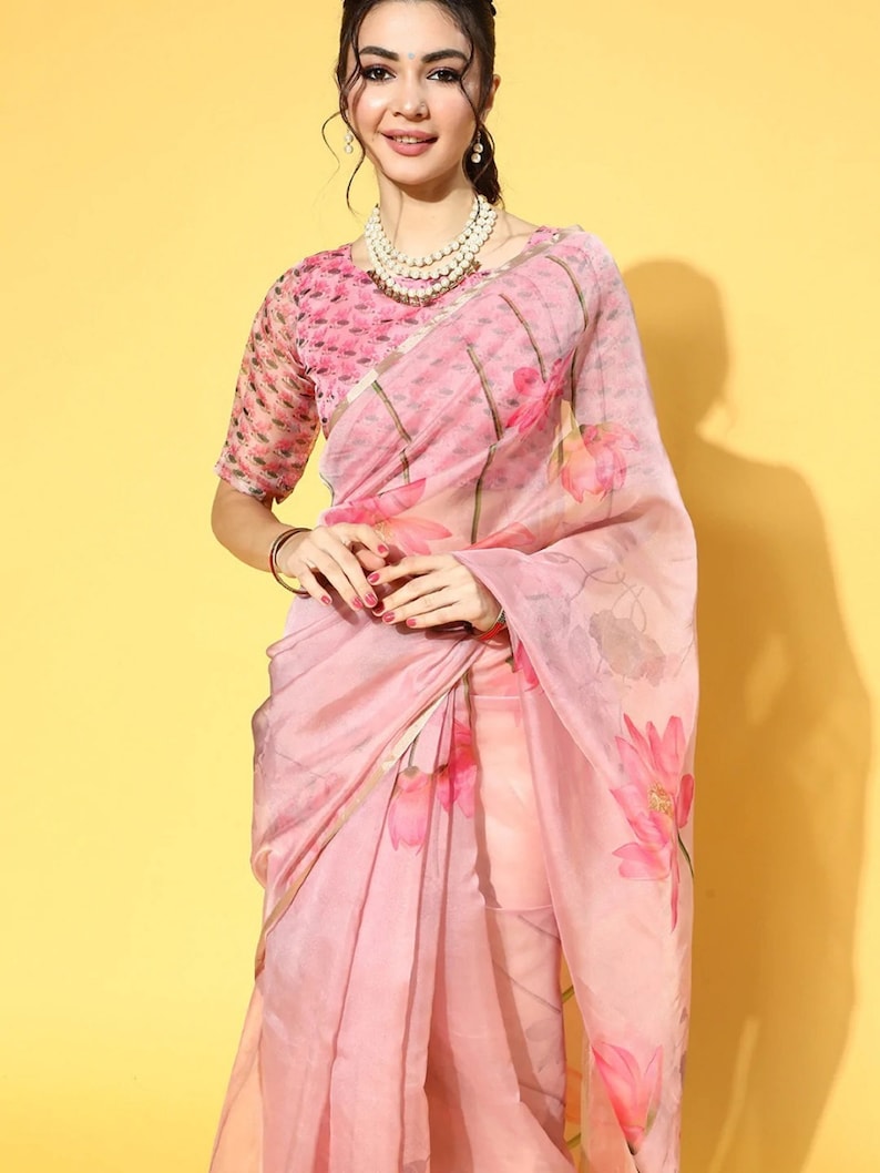 Pink Organza Floral Print Saree for Wedding Reception Party - Etsy