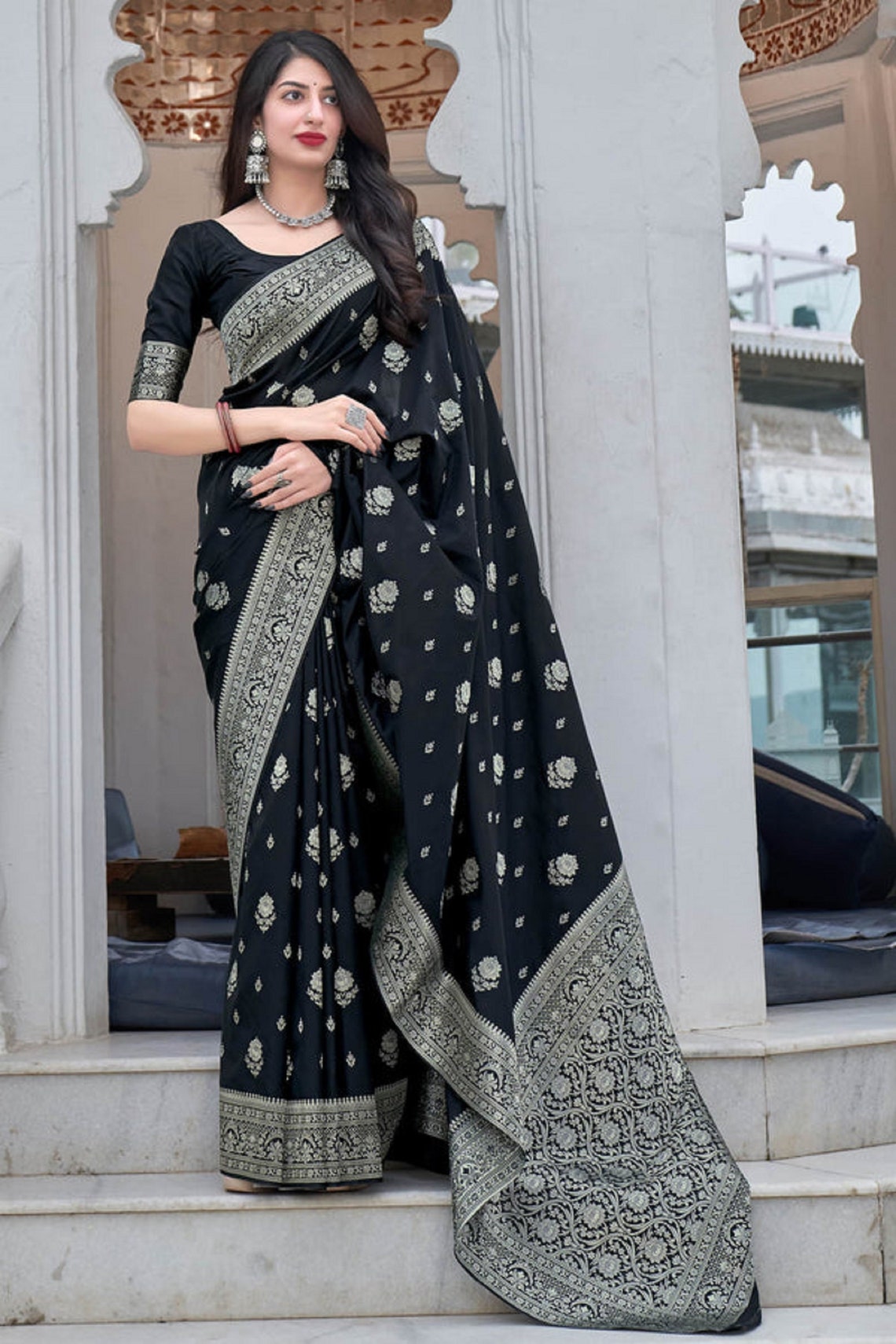 Black Flower Designer Silk Saree,bollywood Saree,wedding Wear Saree ...