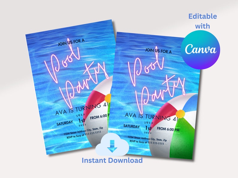 Canva Editable Pool Party Invitation Template Pool Party - Etsy