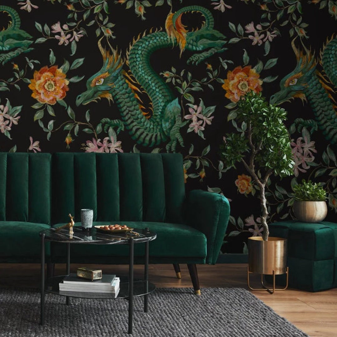 Custom Green Dragon Wallpaper \ Vintage \ Self-adhesive or Classic ...