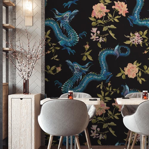 Black Wallpaper With Oriental Flower and Bird Pattern Self | Etsy