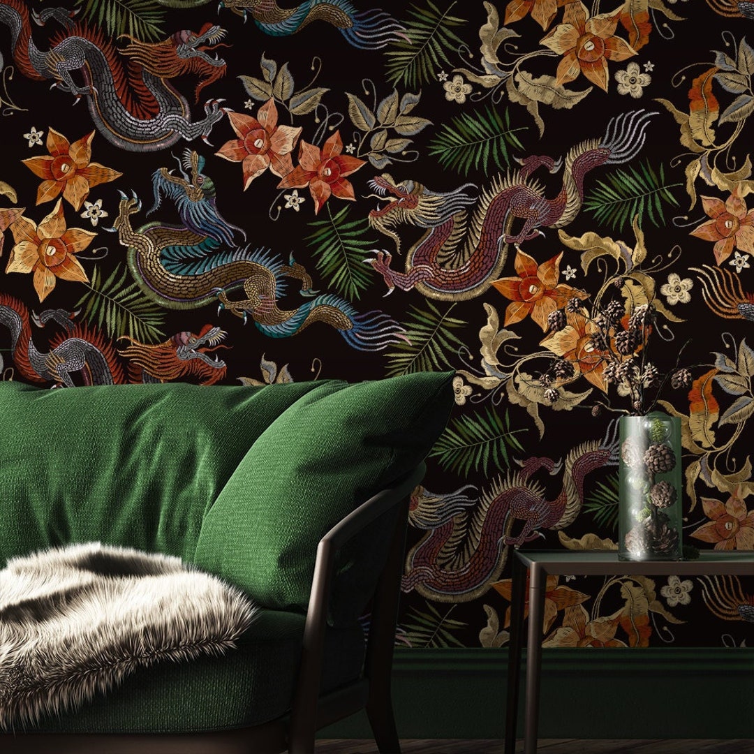 Vintage Wallpaper | Dragon, Watercolor, Dark, Chinese | Oriental Print ...