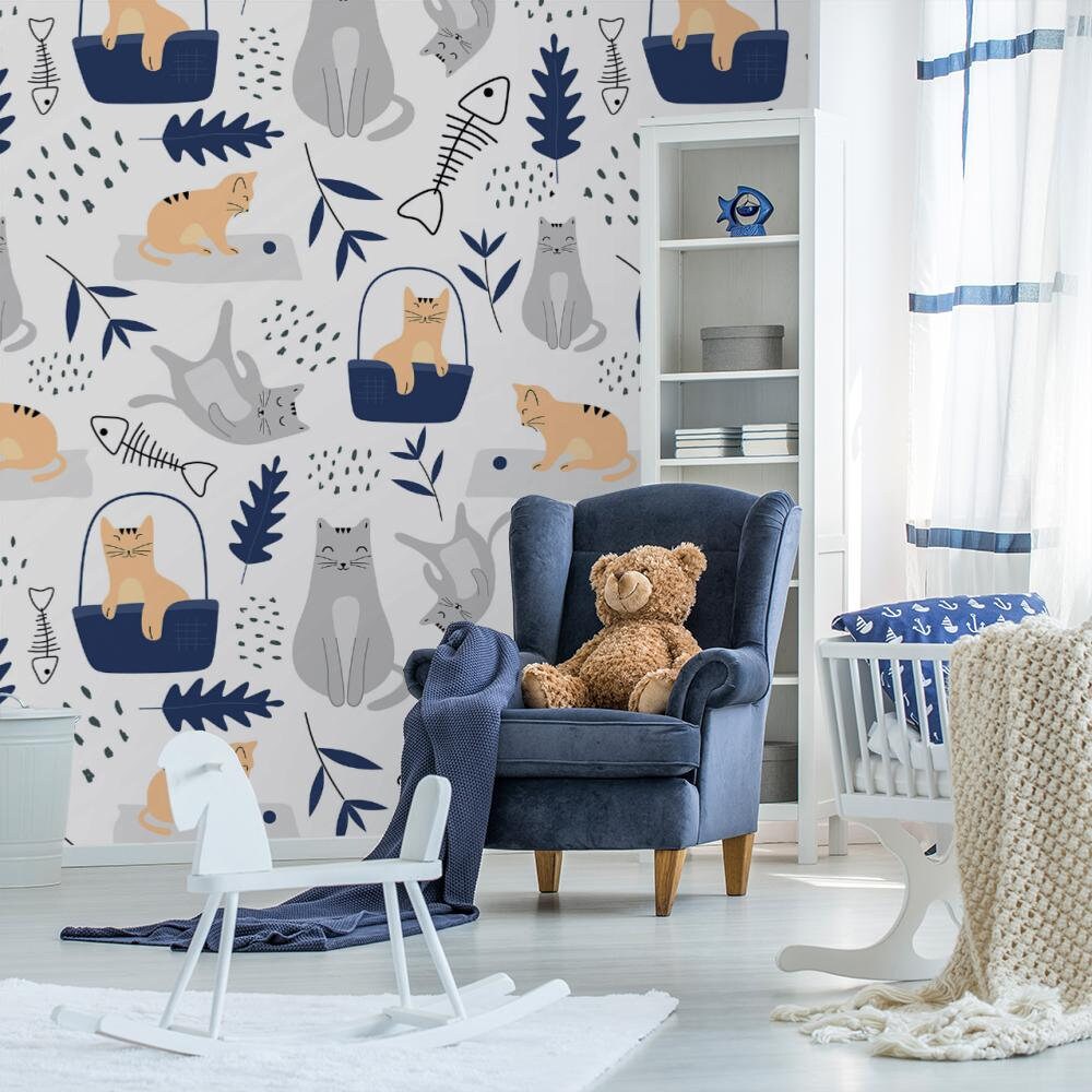 Kids Wallpaper | Cats Life, White Background | Animal Print | Removable ...