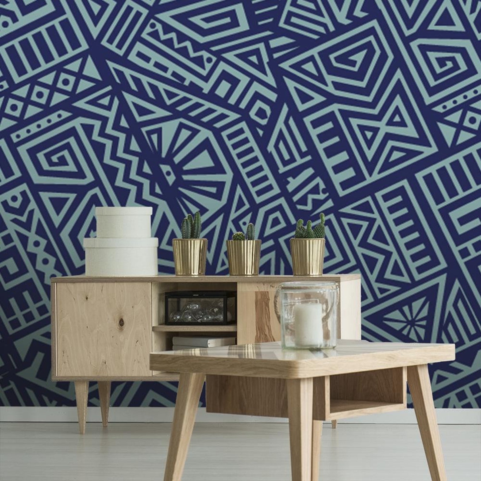Geometric Wallpaper | Aztec, Blue, Vintage | Retro Print | Removable ...