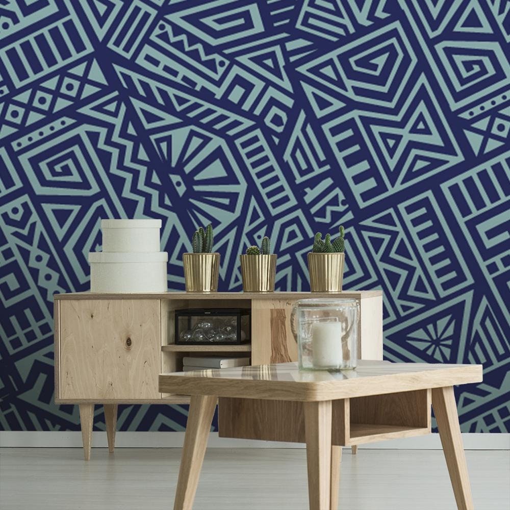 Geometric Wallpaper | Aztec, Blue, Vintage | Retro Print | Removable ...