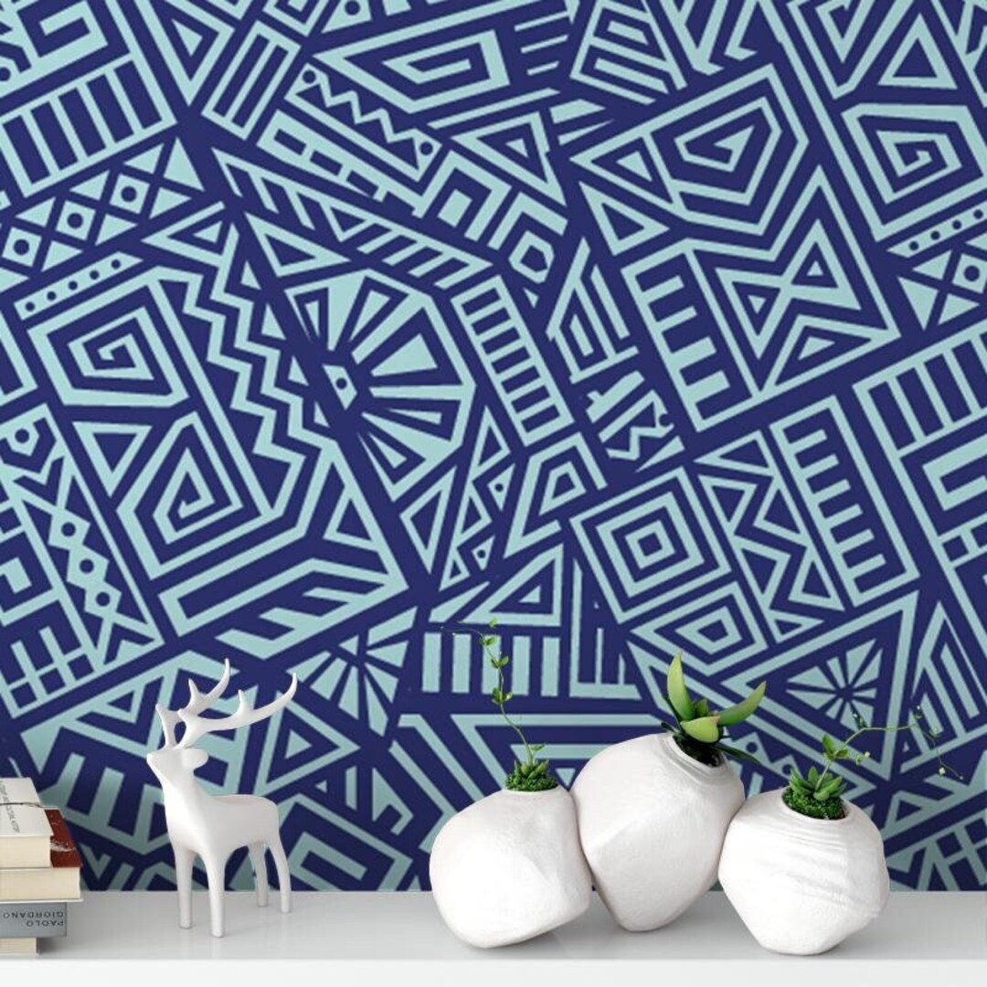 Geometric Wallpaper | Aztec, Blue, Vintage | Retro Print | Removable ...