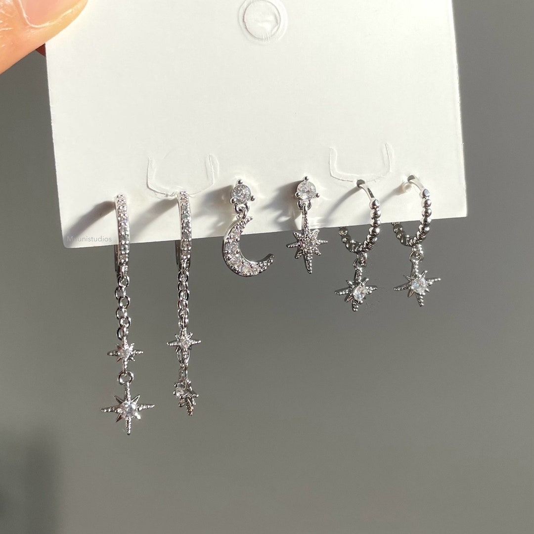 Celestial Silver Earrings Set of 3 Stainless Steel Star Moon Earrings ...