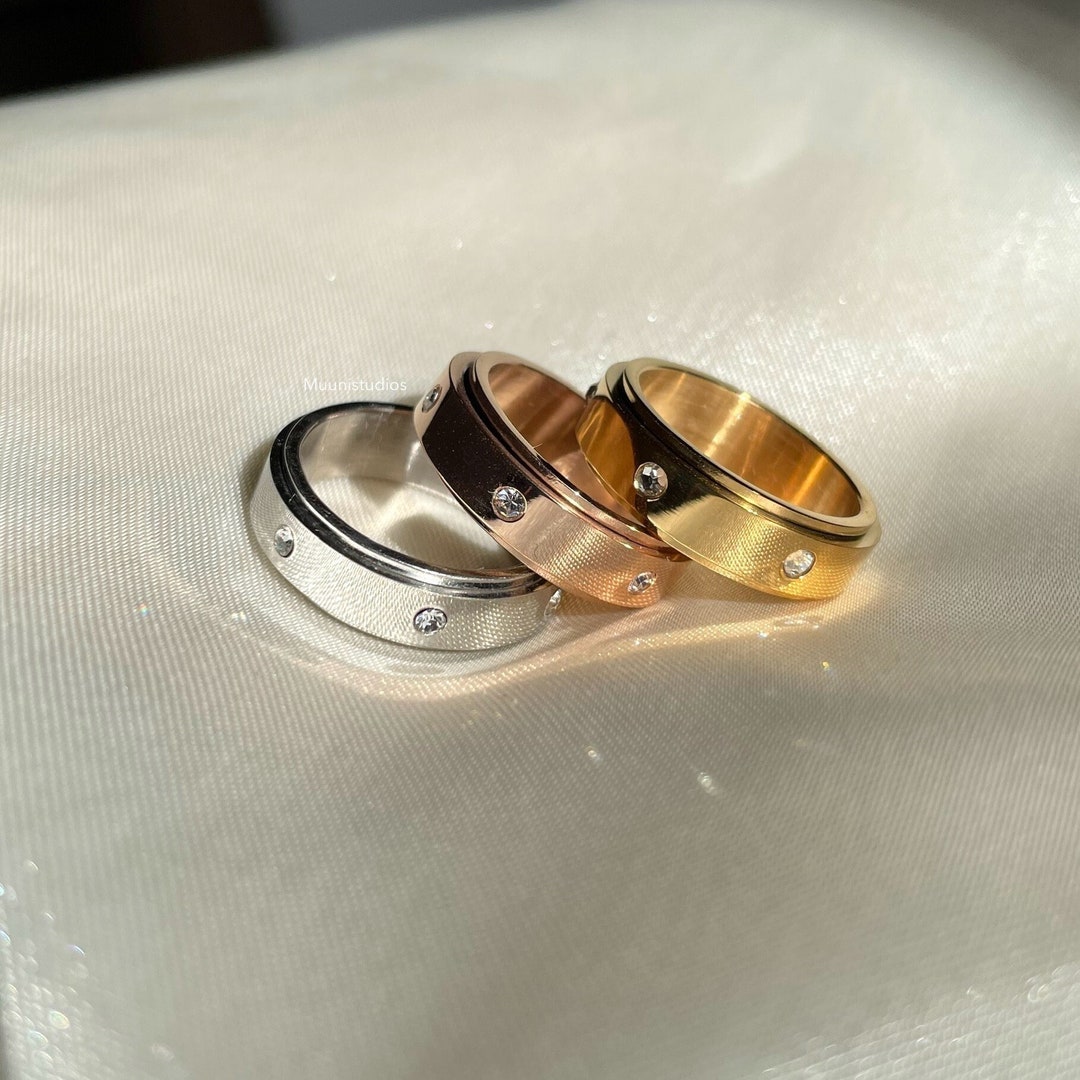 Diamond Stud Anxiety Ring Gold Silver Spinner Ring Crystal Spinning ...