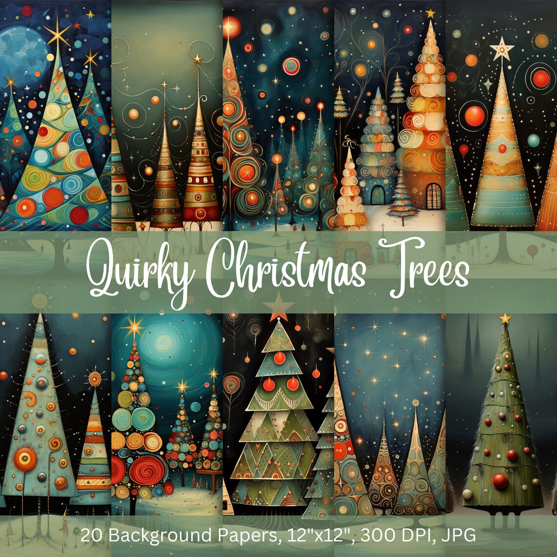 Quirky Christmas Tree Backgrounds: Printable Digital Art (digital ...