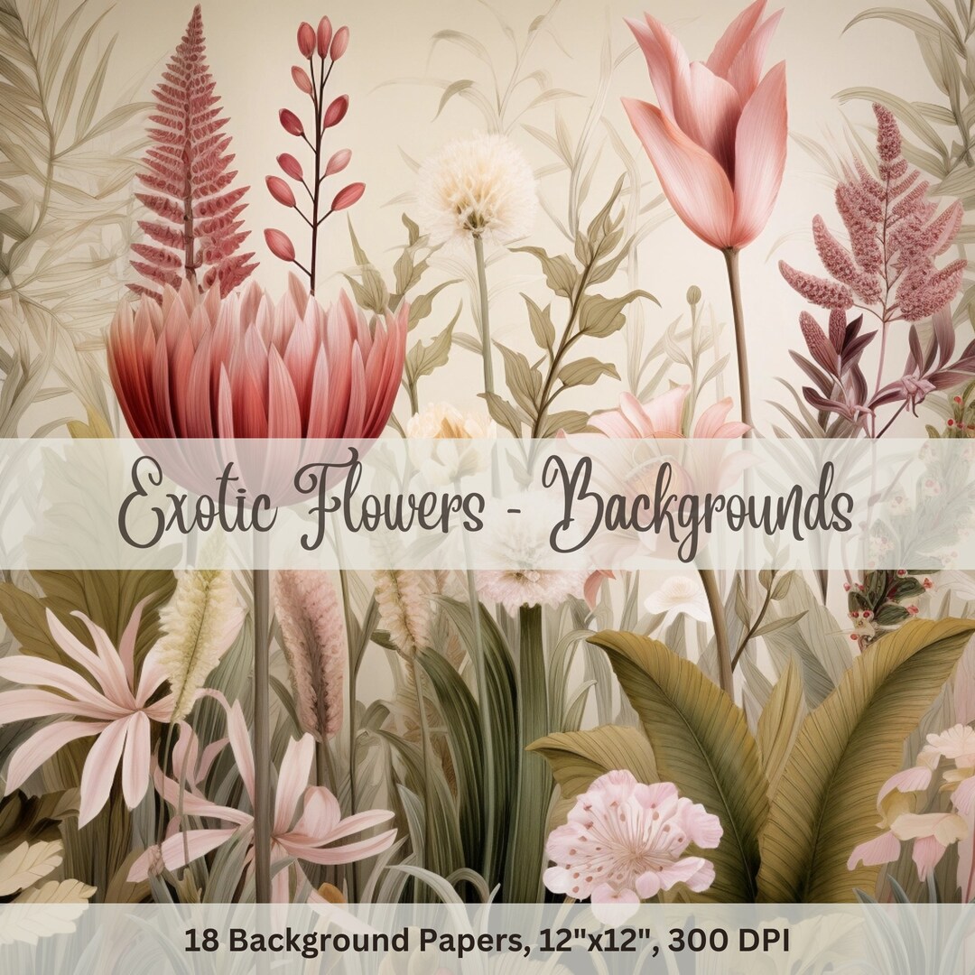Exotic Flowers Background Textures: Botanical Paper Crafts (digital ...