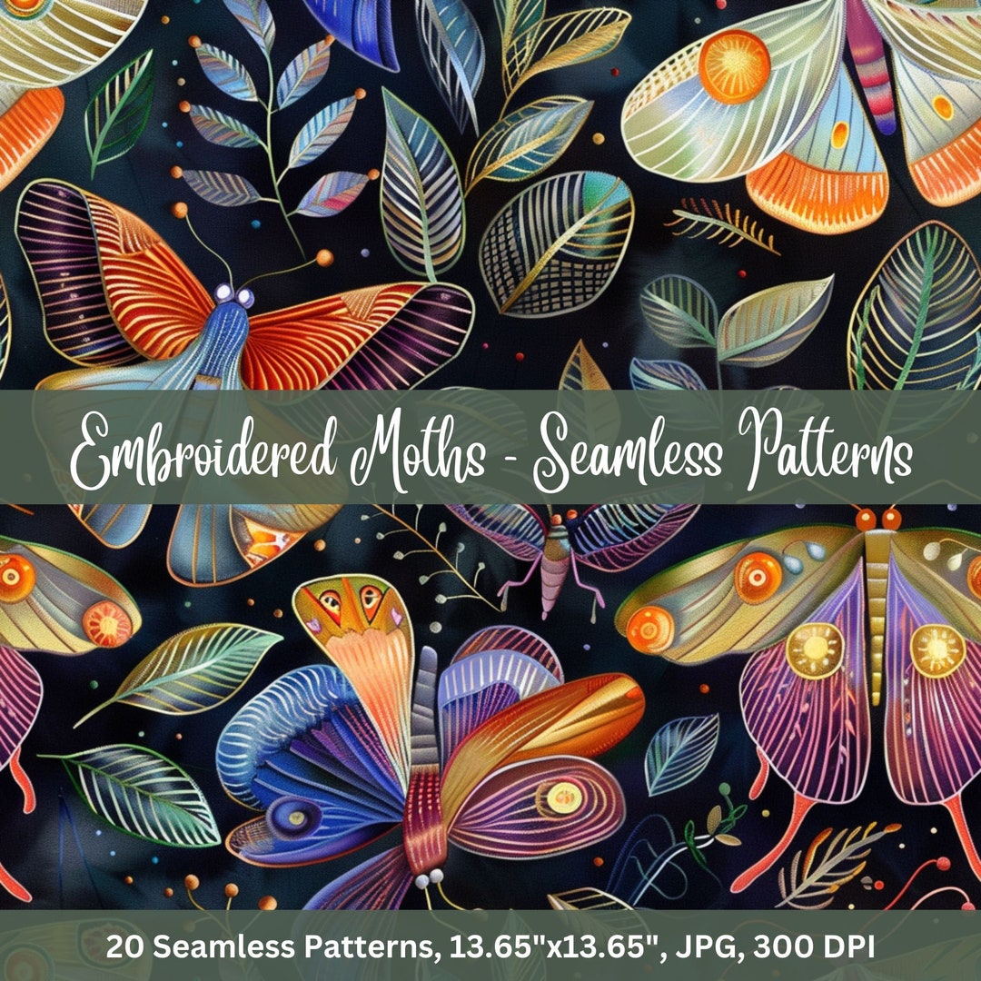 Embroidered Moths Seamless Pattern: Colorful Fabric Print (digital ...