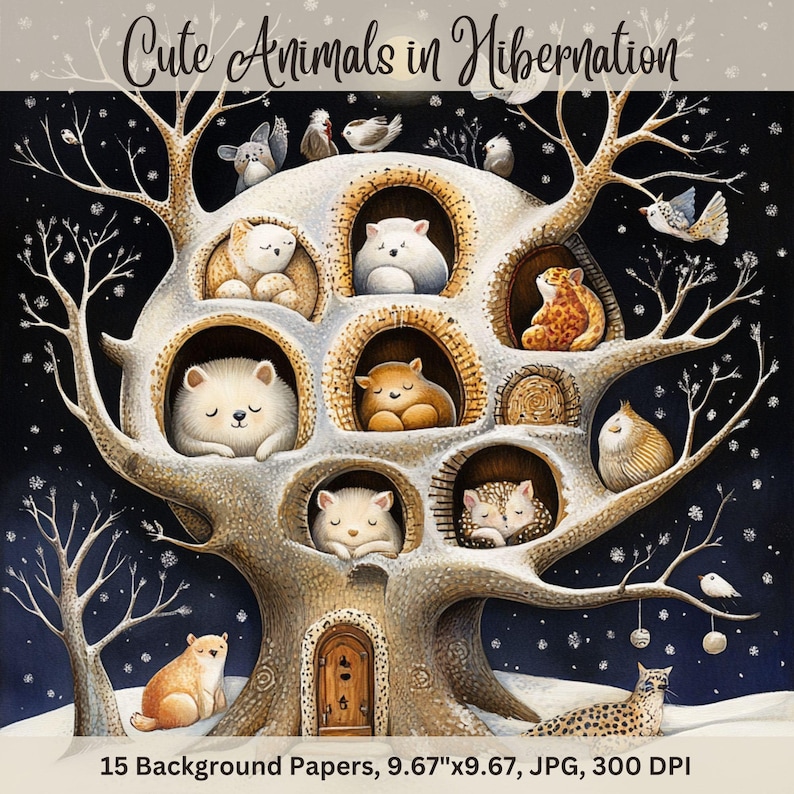 Cute Animals in Hibernation Digital Downloads Printable Art Winter ...
