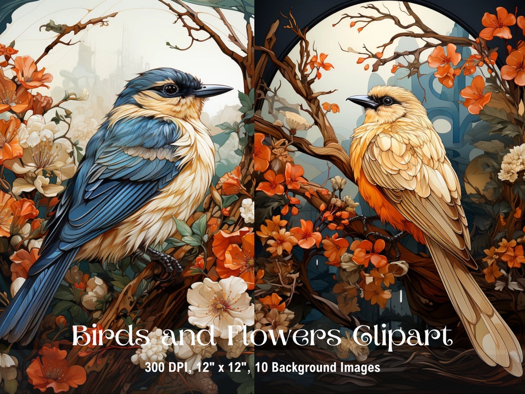 Birds and Flowers Clipart: Scrapbook Paper, POD (digital Download) - Etsy