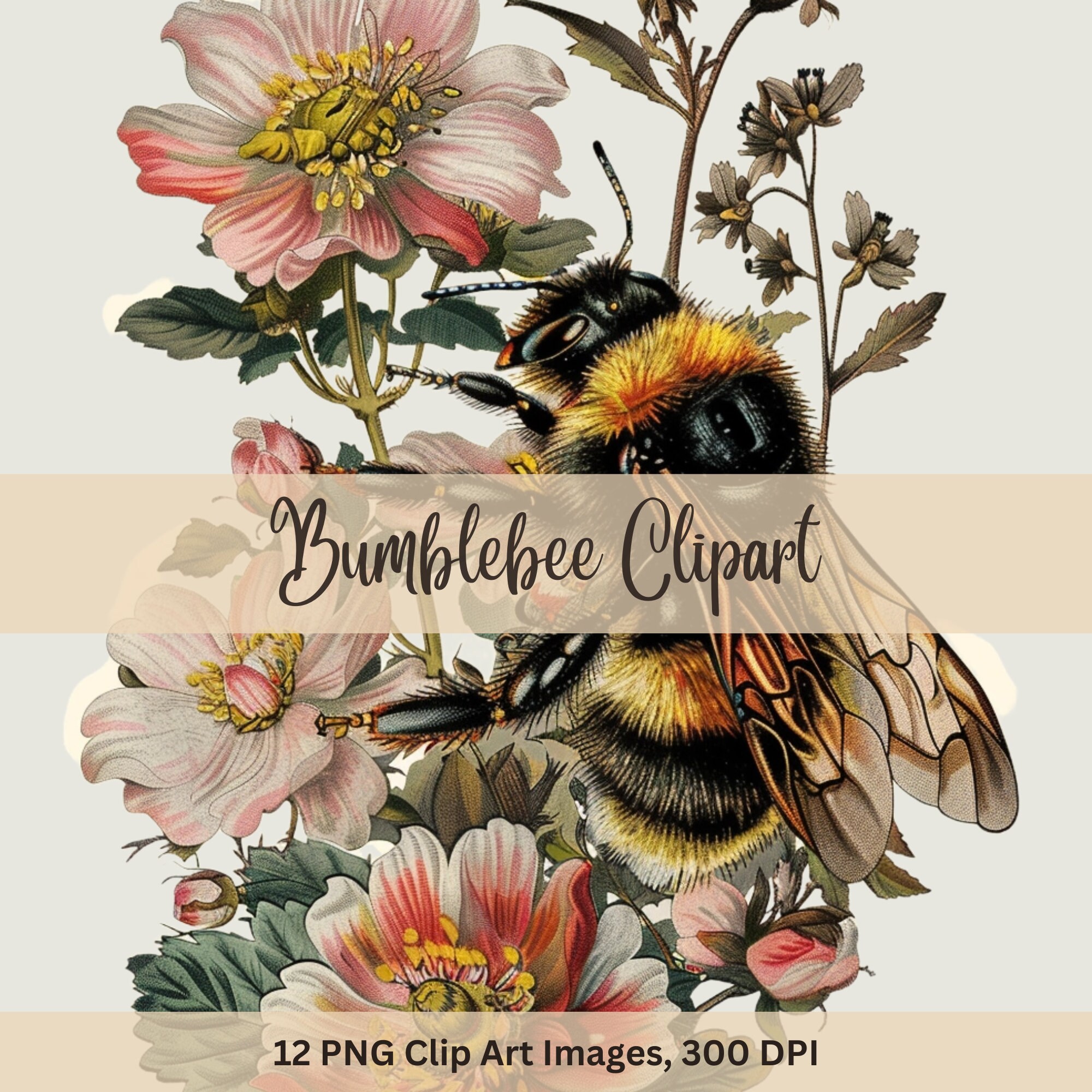 Spring Floral Bumblebee Clip Art Digital Downloads PNG Printables Glass ...