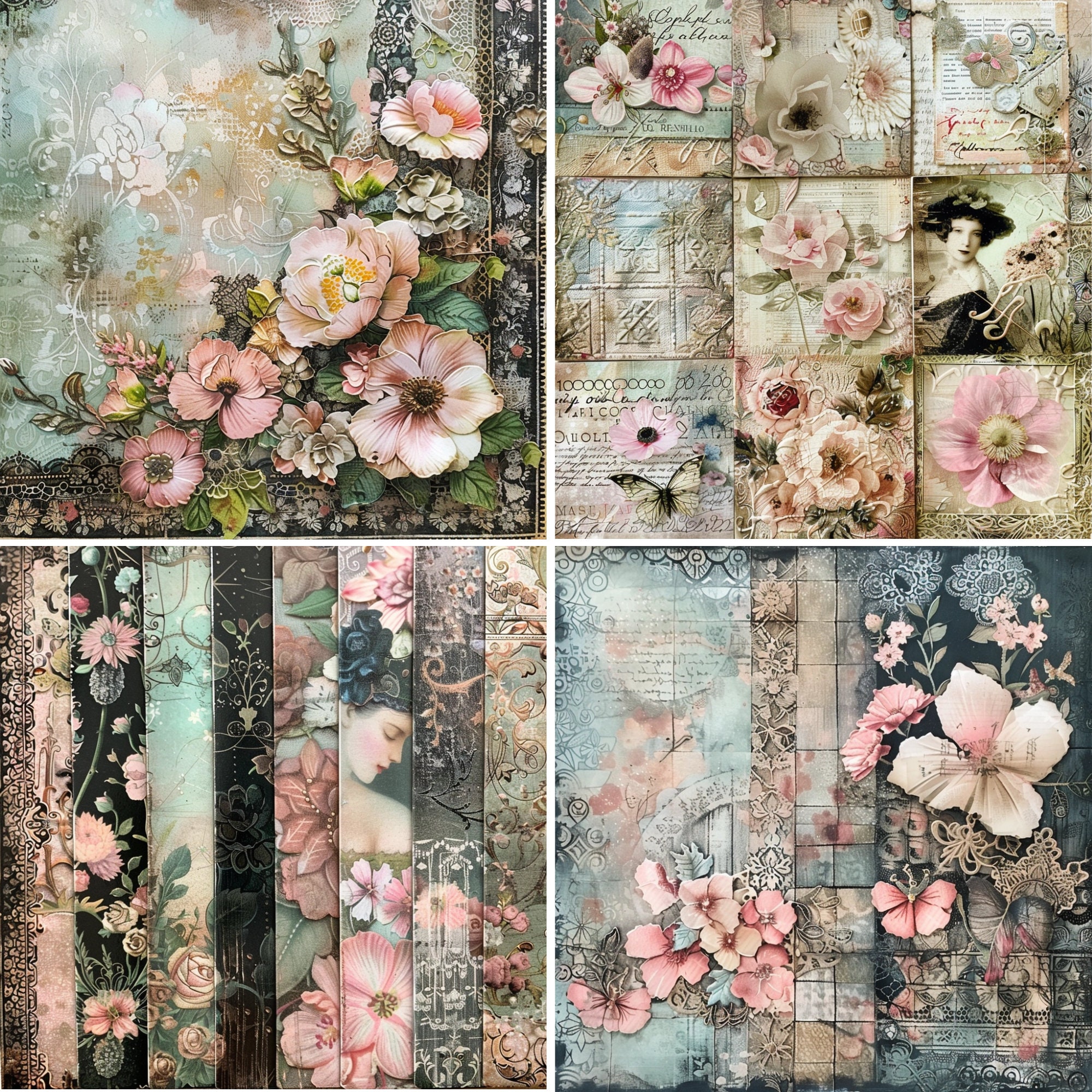 Flowers and Lace Junk Journal Pages Printable Clip Art Digital ...