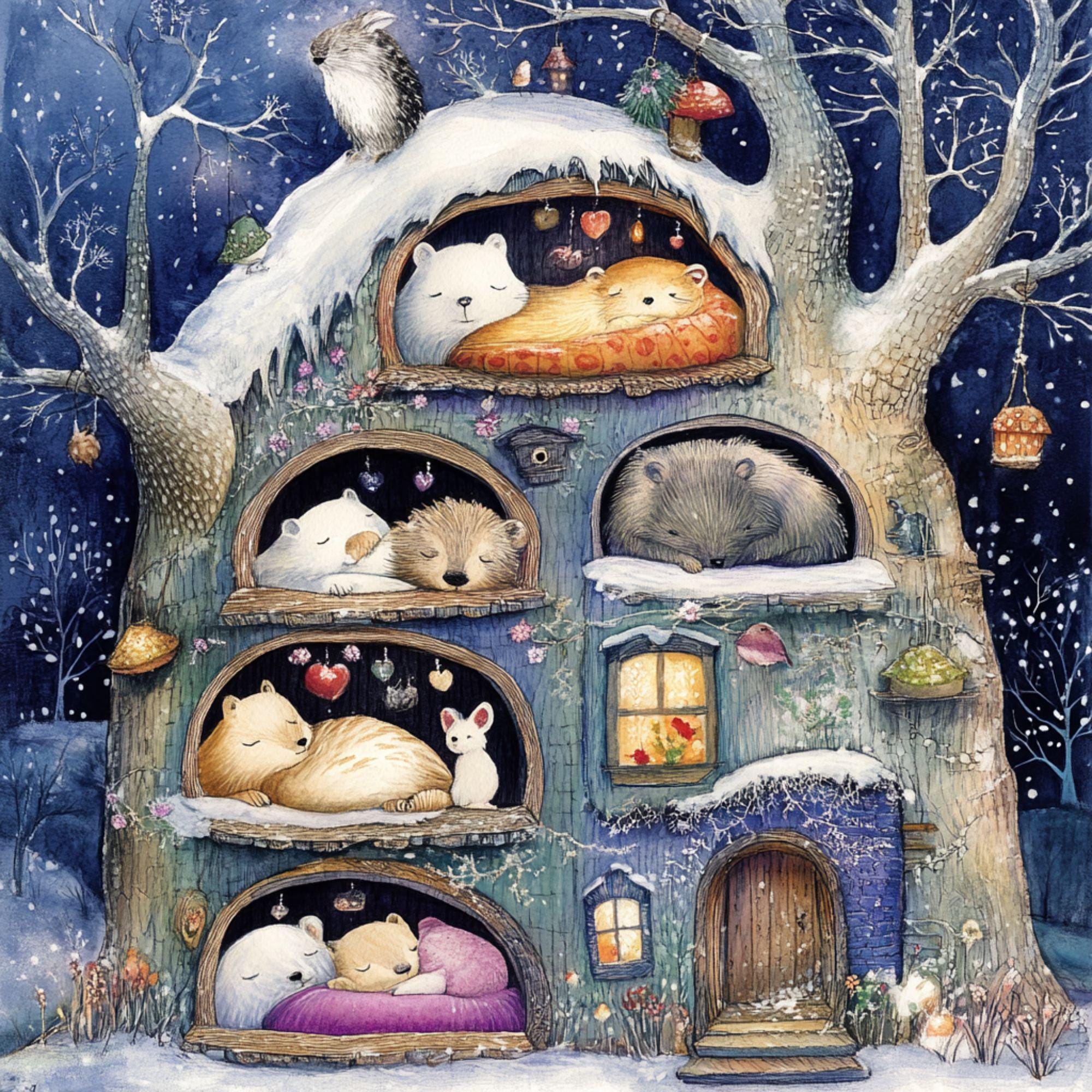 Cute Animals in Hibernation Digital Downloads Printable Art Winter ...