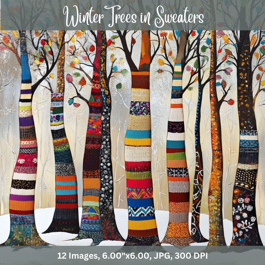 Winter Trees in Sweaters Art: Christmas Digital Printables (6x6", JPG ...