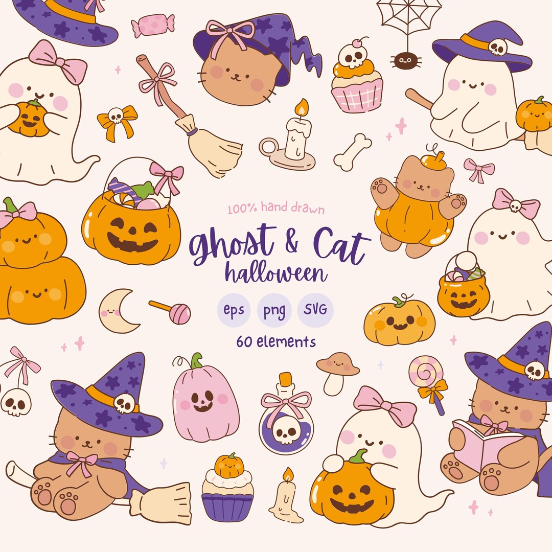 Cat & Ghost Halloween Clipart Set, Cute Kawaii Halloween, Witch Cats ...