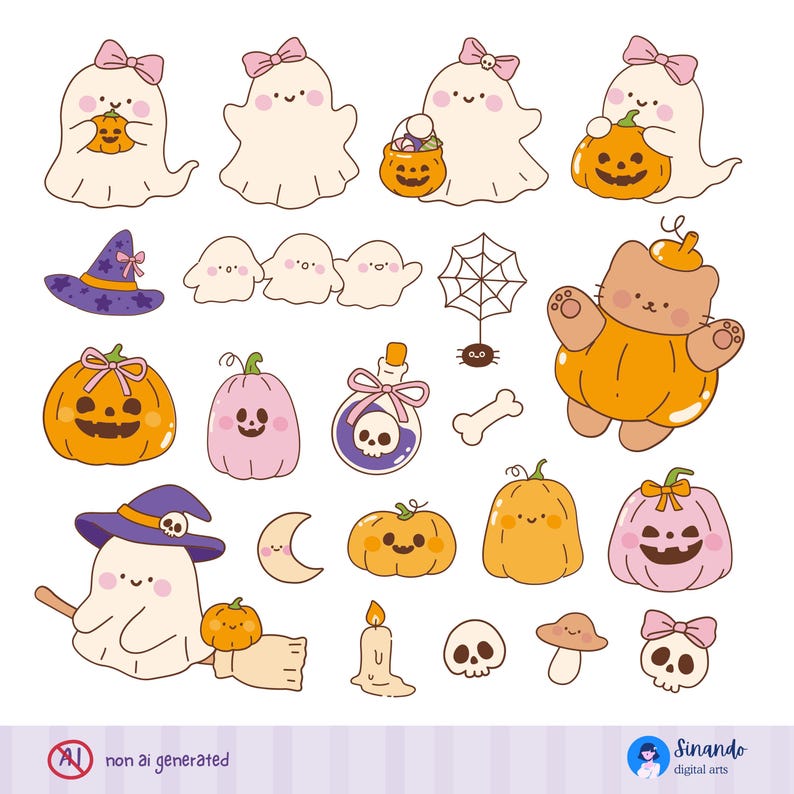 Cat & Ghost Halloween Clipart Set, Cute Kawaii Halloween, Witch Cats ...