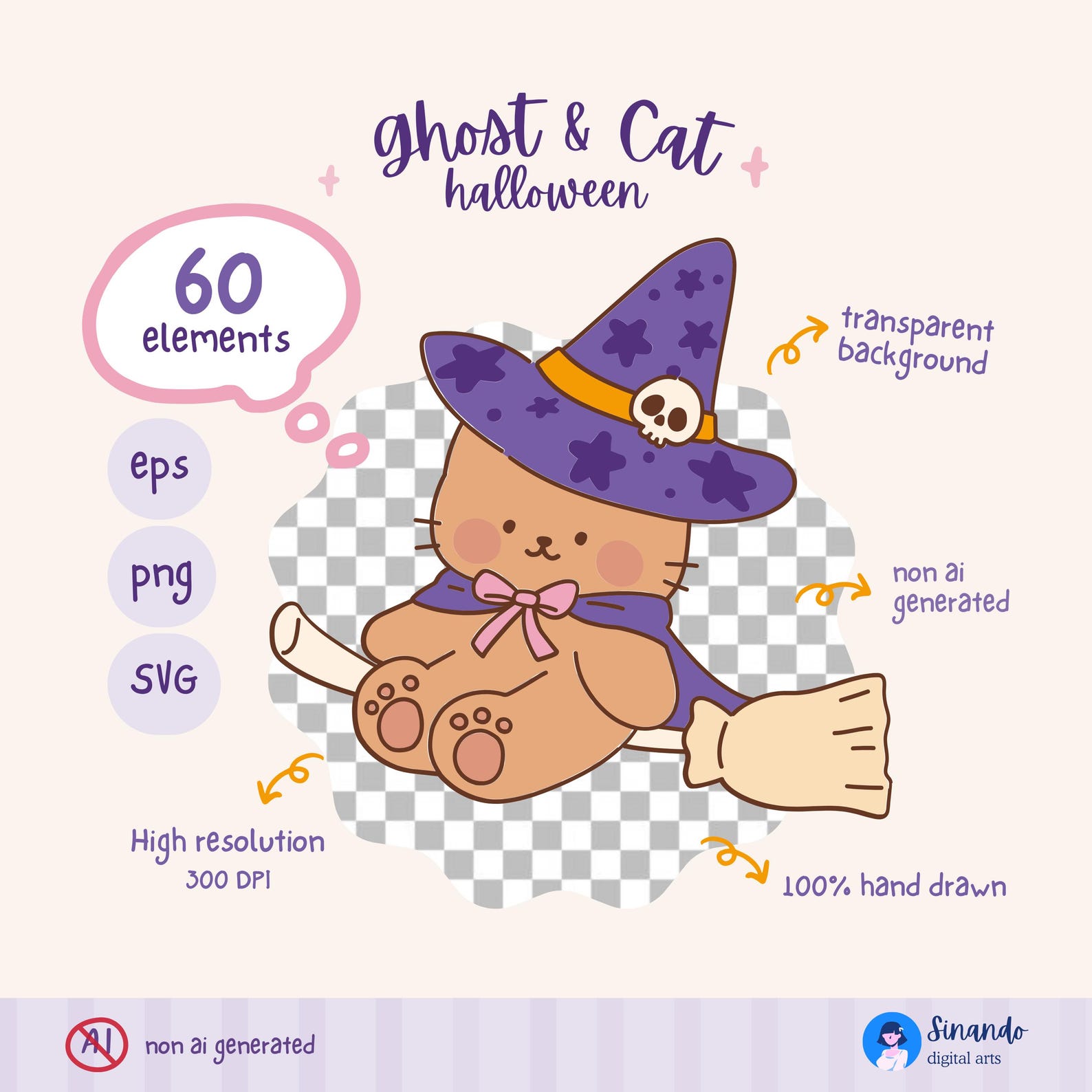 Cat & Ghost Halloween Clipart Set, Cute Kawaii Halloween, Witch Cats ...