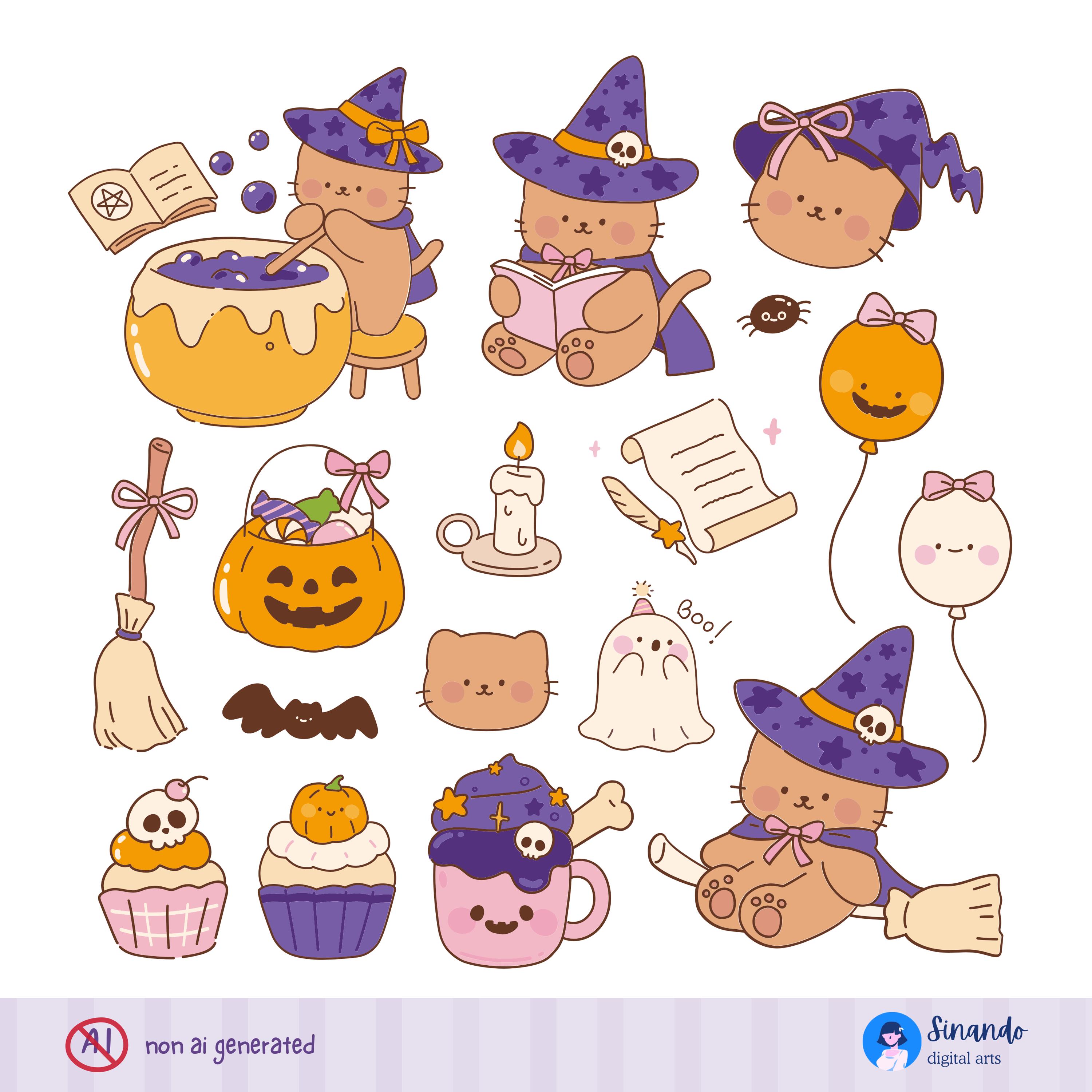 Cat & Ghost Halloween Clipart Set, Cute Kawaii Halloween, Witch Cats ...