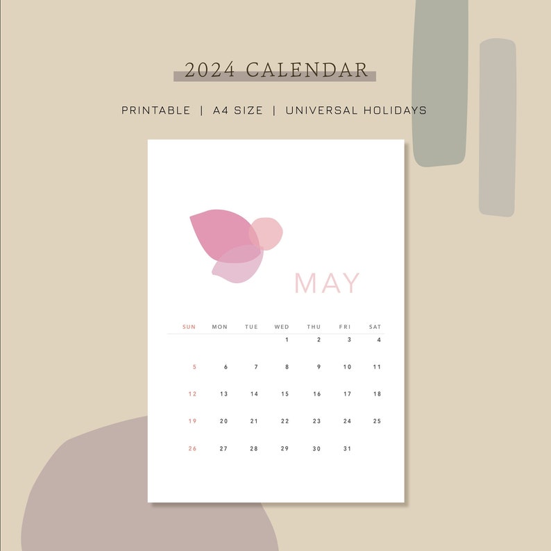 Printable 2024 Calendar A4 Universal Holidays - Etsy