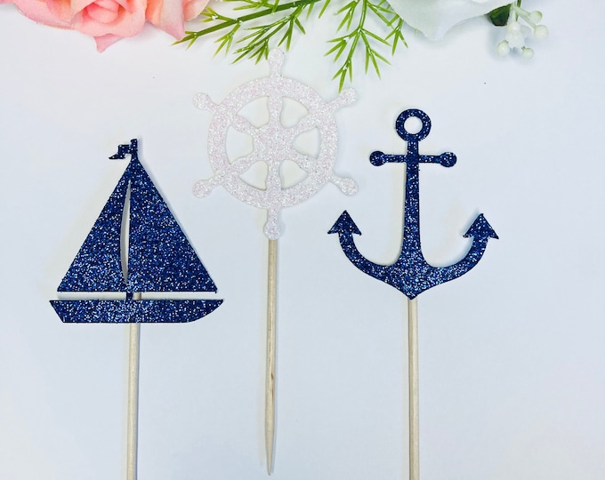 Nautical Cupcake Topper, Anchor Ship Wheel Boat Topper, Nautical Baby ...