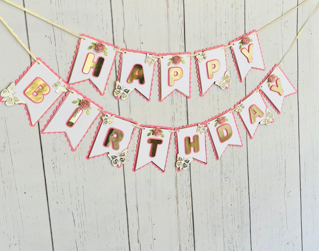 Personalized Happy Birthday Banner, Butterfly and Flowers Banner ...