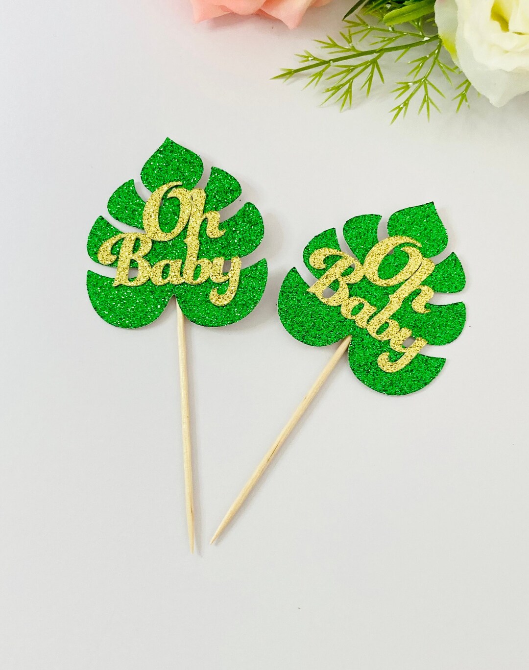 Set of 12 Tropical Party Cupcake Toppers, Monstera Leaf Topper, Jungle ...