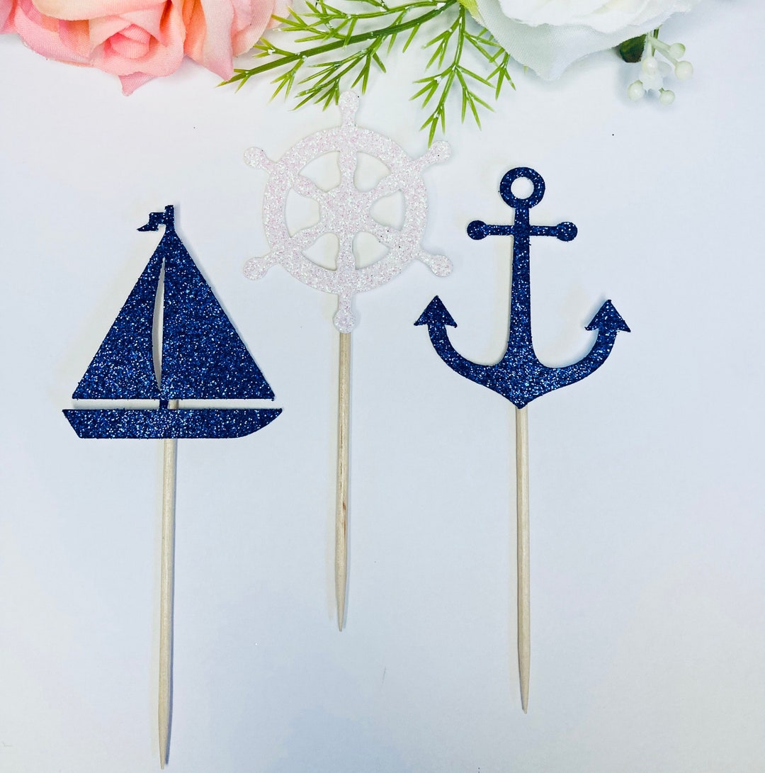 Nautical Cupcake Topper, Anchor Ship Wheel Boat Topper, Nautical Baby ...