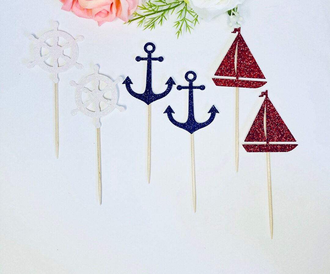 Nautical Cupcake Topper, Anchor Ship Wheel Boat Topper, Nautical Baby ...