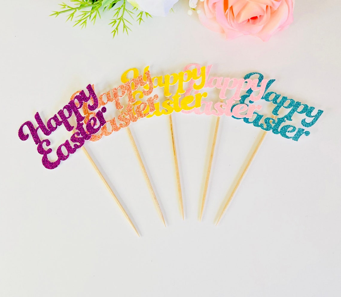 Easter Cupcake Topper, Glitter Happy Easter Topper, Easter Cupcake ...
